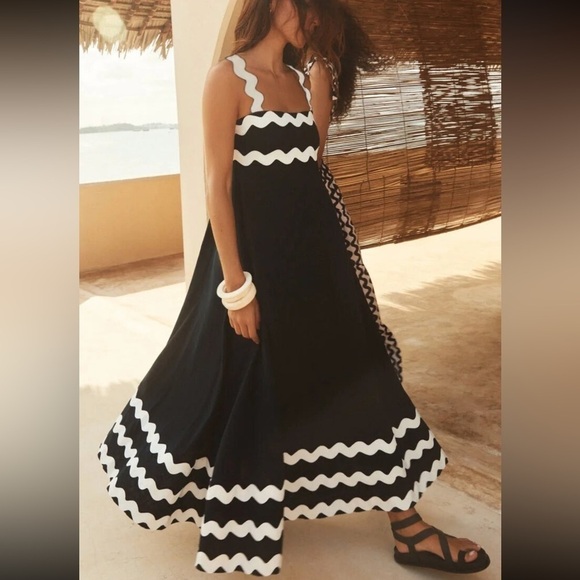 Dresses | Classy Bohemian Black White Wavy Edge Sleeveless Long Maxi ...